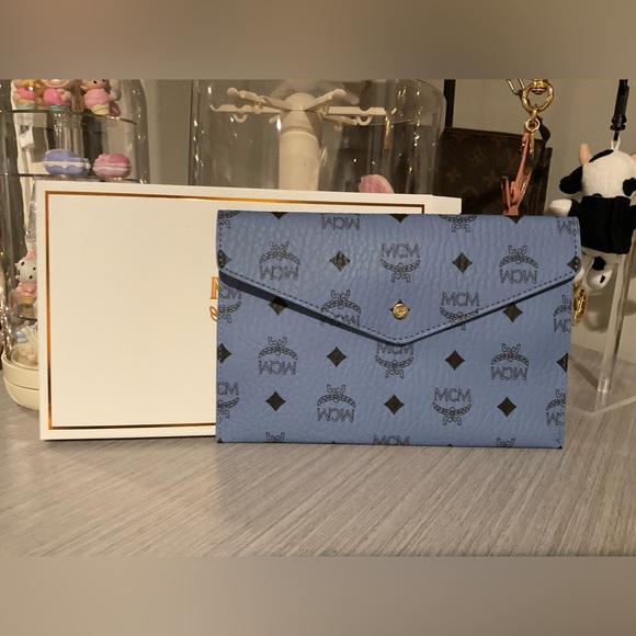 MCM | Bags | Nib Mcm Envelope Pouch Clutch Blue Visetos In Blue Gwp ...